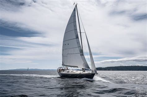 Cruising Sailboat With White Sails Billowing In The Wind Stock Image