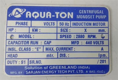 Standard Pump Name Plate For Industrial At ₹ 1 0 Square Inch In