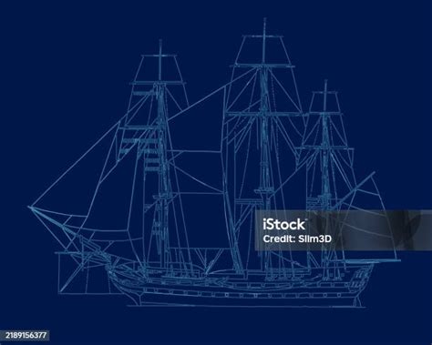 Brigantine 돛 배 에서 푸른 윤곽선 벡터 일러스트 레이 션 측면보기 갤리온선에 대한 스톡 벡터 아트 및 기타 이미지 갤리온선 경사로 표지판 고대의 Istock