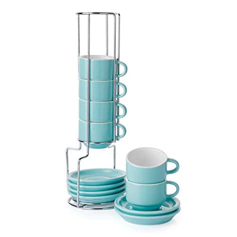 Porcelain Espresso Cups With Saucers And Metal Stand Stackable
