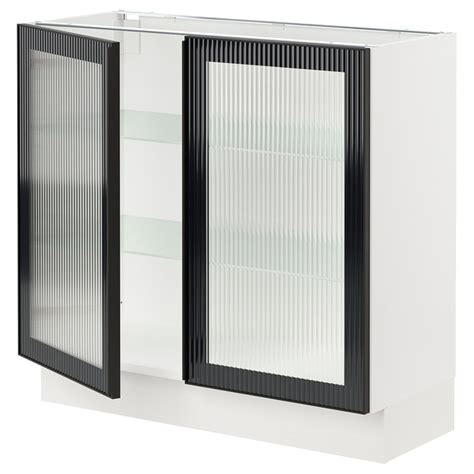 Sektion Base Cabinet With 2 Glass Doors Whitehejsta Anthracite Reeded