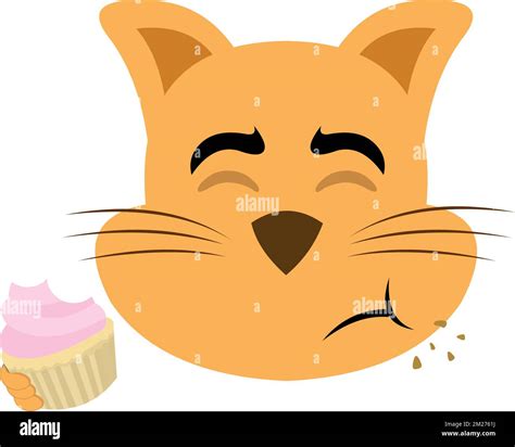 Vector Illustration Of The Face Of A Cartoon Cat Eating A Cupcake Or