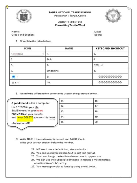Activity Sheet 2 3 Formatting Text Pdf