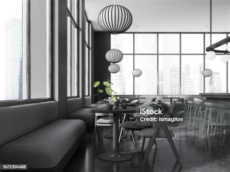 좌석과 테이블이 줄지어 있는 어두운 레스토랑 내부 창문이 있는 식사 공간 0명에 대한 스톡 사진 및 기타 이미지 0명 3차원 형태 가구 Istock