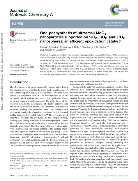 Pdf One Pot Synthesis Of Ultrasmall Moo3 Nanoparticles Supported On Sio2 Tio2 And Zro2