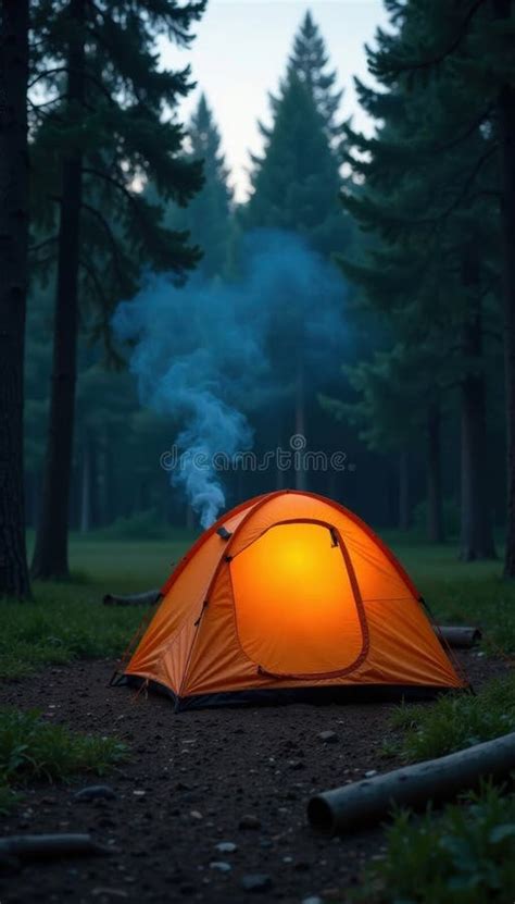 Tent Pitched In Serene Forest Clearing Campfire Smoke Rising Forest