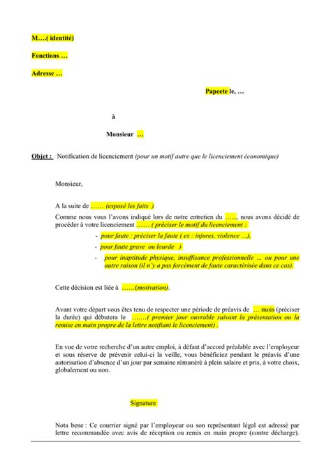 Lettre De Notification De Licenciement Doc Pdf Page Sur The