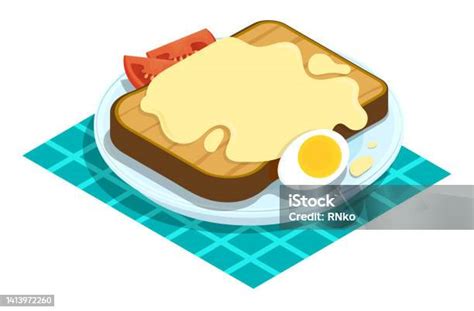 녹은 치즈 버터 및 토마토를 접시에 담은 빵의 등각 조각 맛있는 아침 식사 흰색 배경에 격리된 벡터 3차원 형태에 대한 스톡