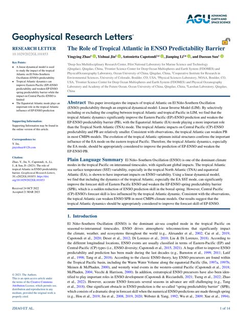 Pdf The Role Of Tropical Atlantic In Enso Predictability Barrier