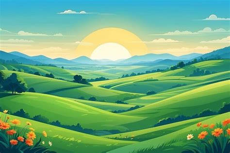 Vector Illustration Of Beautiful Summer Fields Landscape With A Dawn