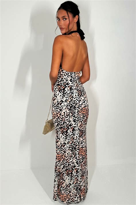 Leopard Print Maxi Dress With Lace Contrast Plunge Neck Uk