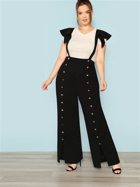 Plus Ruffle Strap Snap Button Front Jumpsuit Shein Sheinside Nye
