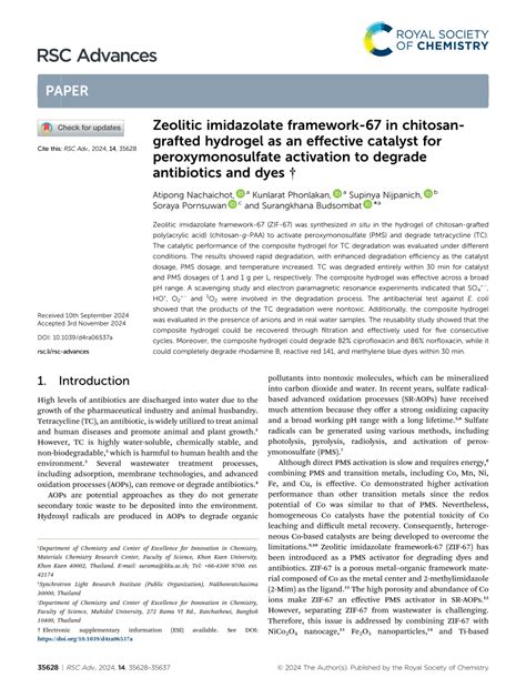 Pdf Zeolitic Imidazolate Framework 67 In Chitosan Grafted Hydrogel As