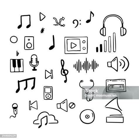 손으로 그린 음악 음표 기호 및 장비 아이콘 세트 낙서와 스케치 벡터 외형선에 대한 스톡 벡터 아트 및 기타 이미지 외형선 건축물 귀여운 Istock
