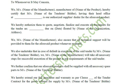 Manufacturer Authorization Letter For A Tender By Supplier