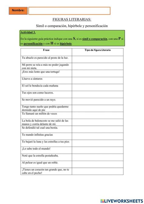 Figuras literarias Símil personificación hipérbole worksheet