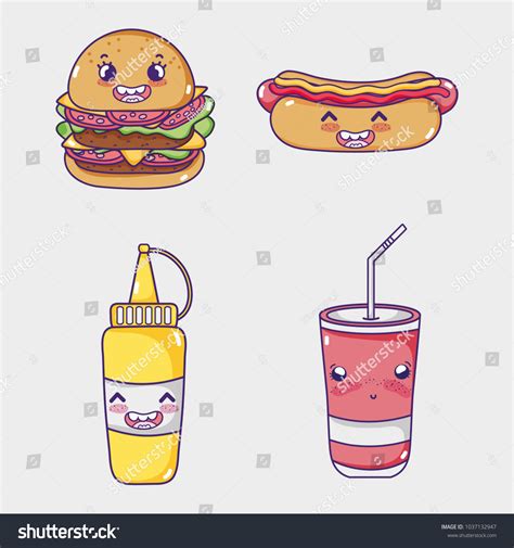 Fast Food Collection Kawaii Cartoons เวกเตอร์สต็อก ปลอดค่าลิขสิทธิ์