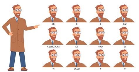 토크 애니메이션 인간의 입 남성 모델에 입술 움직임을 표현 남자 얼굴 토크 비즈니스 캐릭터 영어 발음 문자 괜찮은 벡터 개념 말하기 프리미엄 벡터