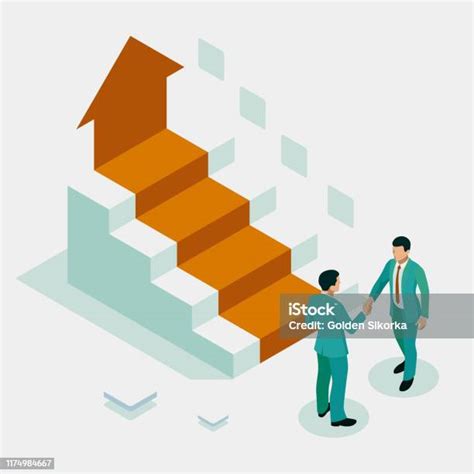 성공을 위한 사다리 아이소메트릭 성공적인 비즈니스 협업 사업가들이 악수를 하고 있다 B2b 비즈니스 인텔리전스 분석을 위한