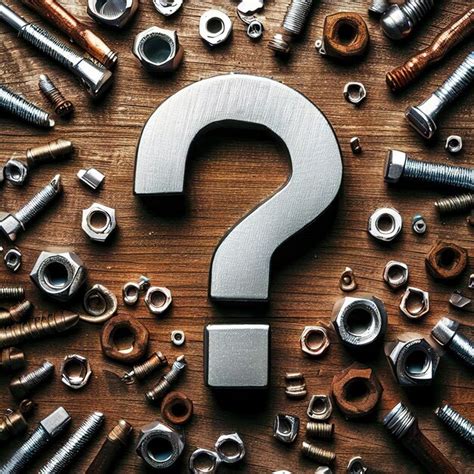 Signo de interrogación hecho de tuercas metálicas en una mesa de madera