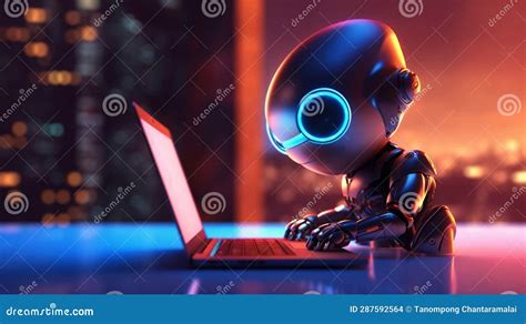 Articifial Intelligence Robot In Red Using Computer With Blurred City