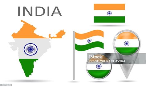 集合標誌 India3d 國旗地圖指標按鈕符號圖示和印度地圖以國旗顏色表示各種物體上國家符號集合的向量圖示向量圖形及更多印度圖片 Istock