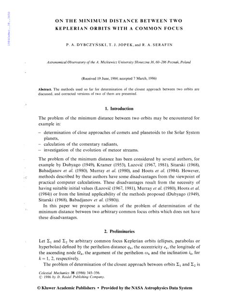 Pdf On The Minimum Distance Between Two Keplerian Orbits With A Common Focus