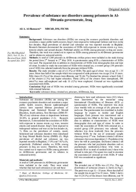 Pdf Prevalence Of Substance Use Disorders Among Prisoners In Al