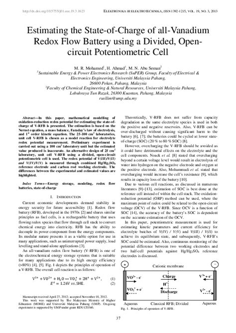 Pdf Estimating The State Of Charge Of All Vanadium Redox Flow Battery