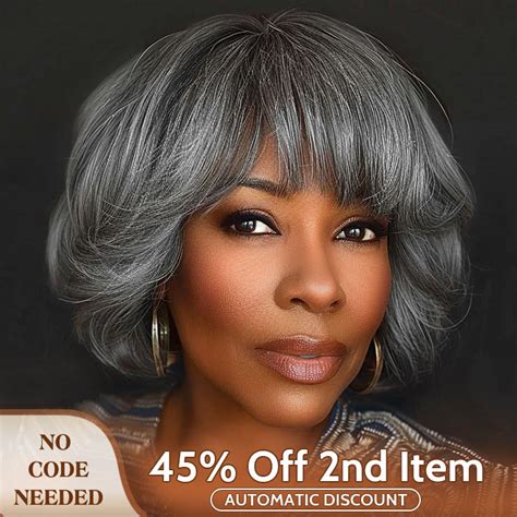 Salt And Pepper Bob Wig With Bangs Natural Wavy Human Hair Wear To Go
