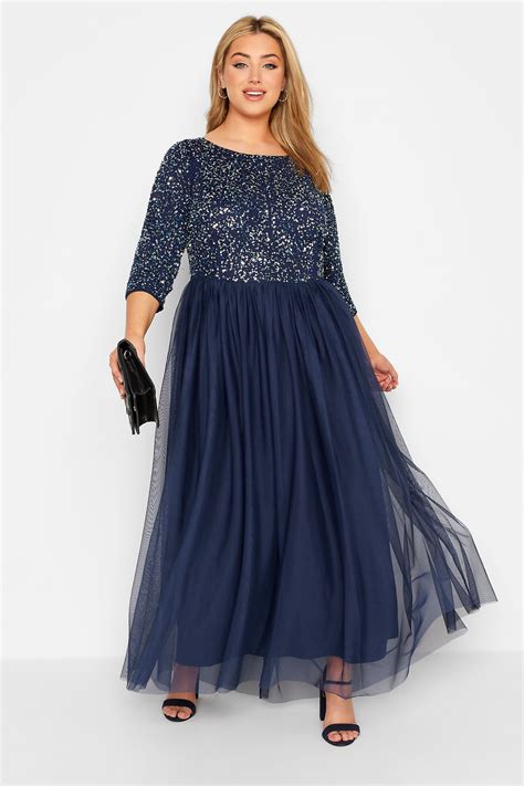 Luxe Plus Size Navy Blue Sequin Hand Embellished Maxi Dress Yours