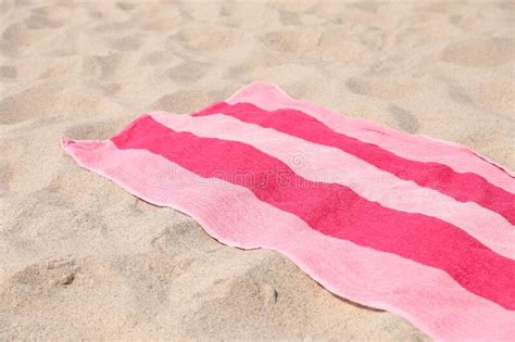 Soft Pink Striped Towel On Beach Sand Stock Image Image Of Pink