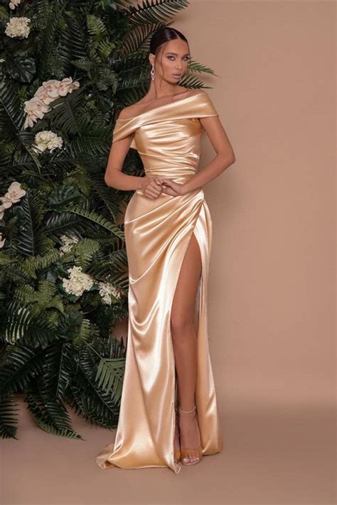 Luluslly Champagne Gold Mermaid Prom Dress Off The Shoulder Split Black