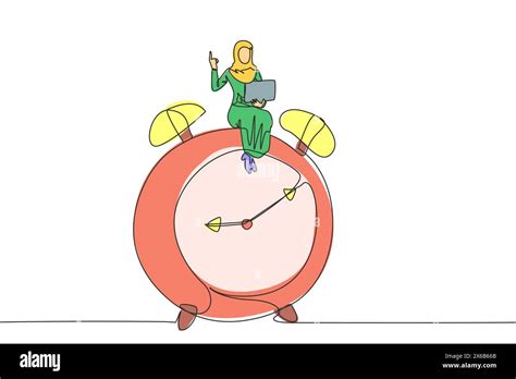 Single Continuous Line Drawing Of Young Arabian Businesswoman Sitting On Giant Alarm Clock While