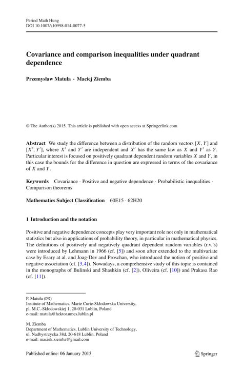 Pdf Covariance And Comparison Inequalities Under Quadrant Dependence