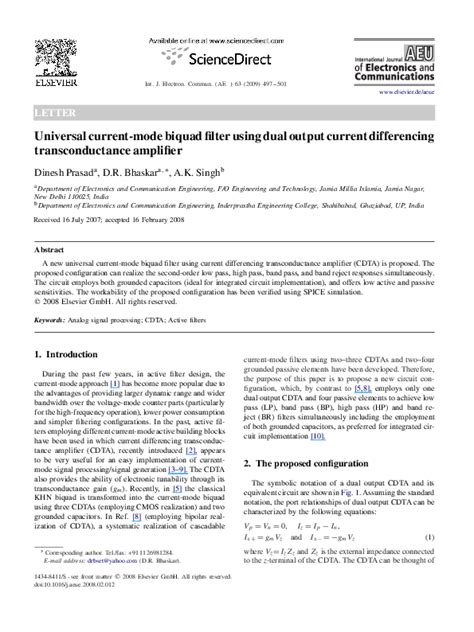 Pdf Universal Current Mode Biquad Filter Using Dual Output Current Differencing