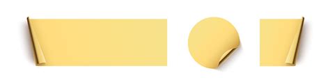 금색 컬링 가장자리가있는 황금색 접착 사각형 원 및 직사각형 스티커 3d 빈 종이 레이블 벡터 일러스트 레이 션 흰색 배경에 가장자리가 꼬인 배지 금색에 대한 스톡 벡터