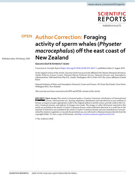 pdf author correction foraging activity of sperm whales physeter macrocephalus off the east