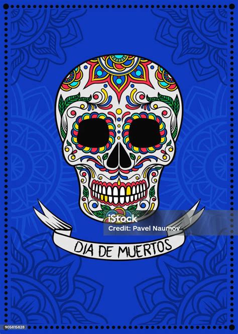 꽃 패턴 디 아 드 안 돼 포스터 전기 파란색 배경에 인사말 카드 벡터 일러스트 레이 션에 대 한 디자인 요소와 멕시코 설탕