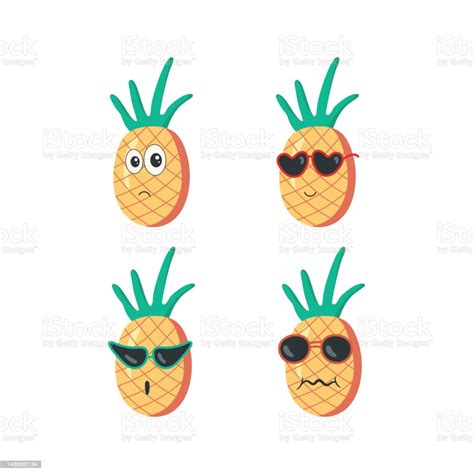 흰색 배경에 고립 된 귀여운 파인애플 세트 평면 디자인 벡터 일러스트레이션 공휴일에 대한 스톡 벡터 아트 및 기타 이미지 공휴일 굴 귀여운 Istock