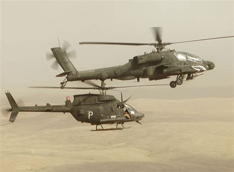 U S Army OH 58D And AH 64 Apache Helicopter