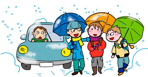 横並びで歩いていると車が来て危ないよ 雨の日や雪の日は特にねのイラスト ゴゴンのイラスト素材kan イラスト 雪の日 雪