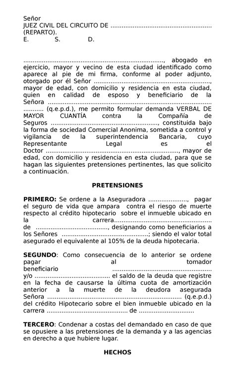Modelo De Demanda De Reclamación De Seguro De Vida Consultoría