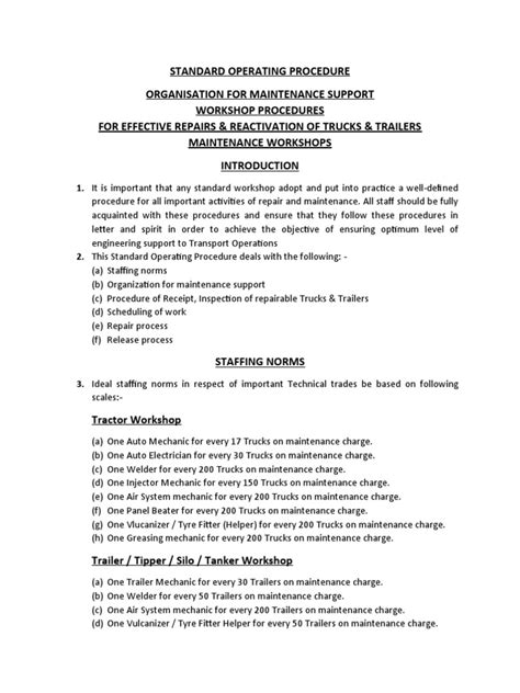 Sop Repair Of Trucks And Trailers In Workshop Pdf Truck Trailer