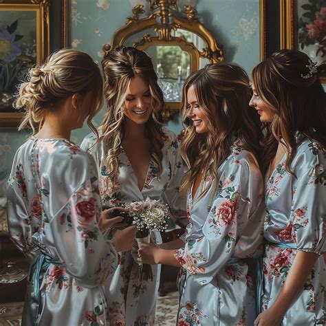 Bride And Bridesmaids In Floral Robes Premium Ai Generated Image