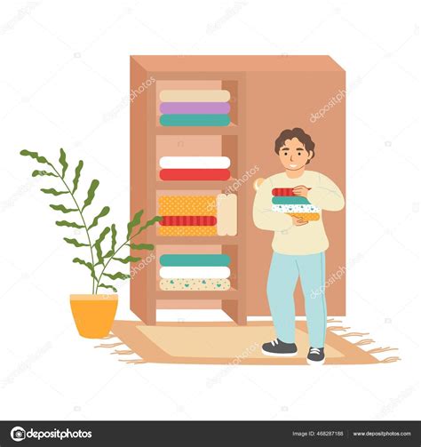 옷을 접고 청소하고 벡터 그림을 그리는 귀여운 소년 아이들의 집안일 스톡 벡터 ©siberianart 468287188