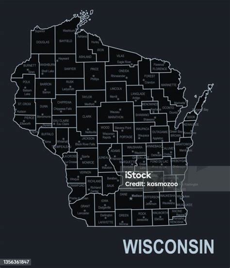 Carte Plate De Létat Du Wisconsin Avec Des Villes Sur Fond Noir