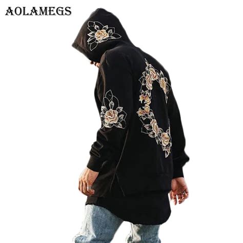Aolamegs Hoodies Men Embroidery Floral Hooded Pullover High Street