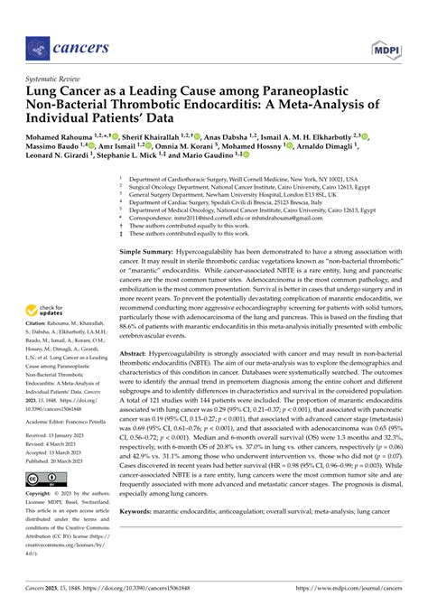 Pdf Lung Cancer As A Leading Cause Among Paraneoplastic Non Bacterial Thrombotic Endocarditis