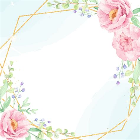 Watercolor Pink Peony Flower Bouquet Wreath With Gold Glitter Frame